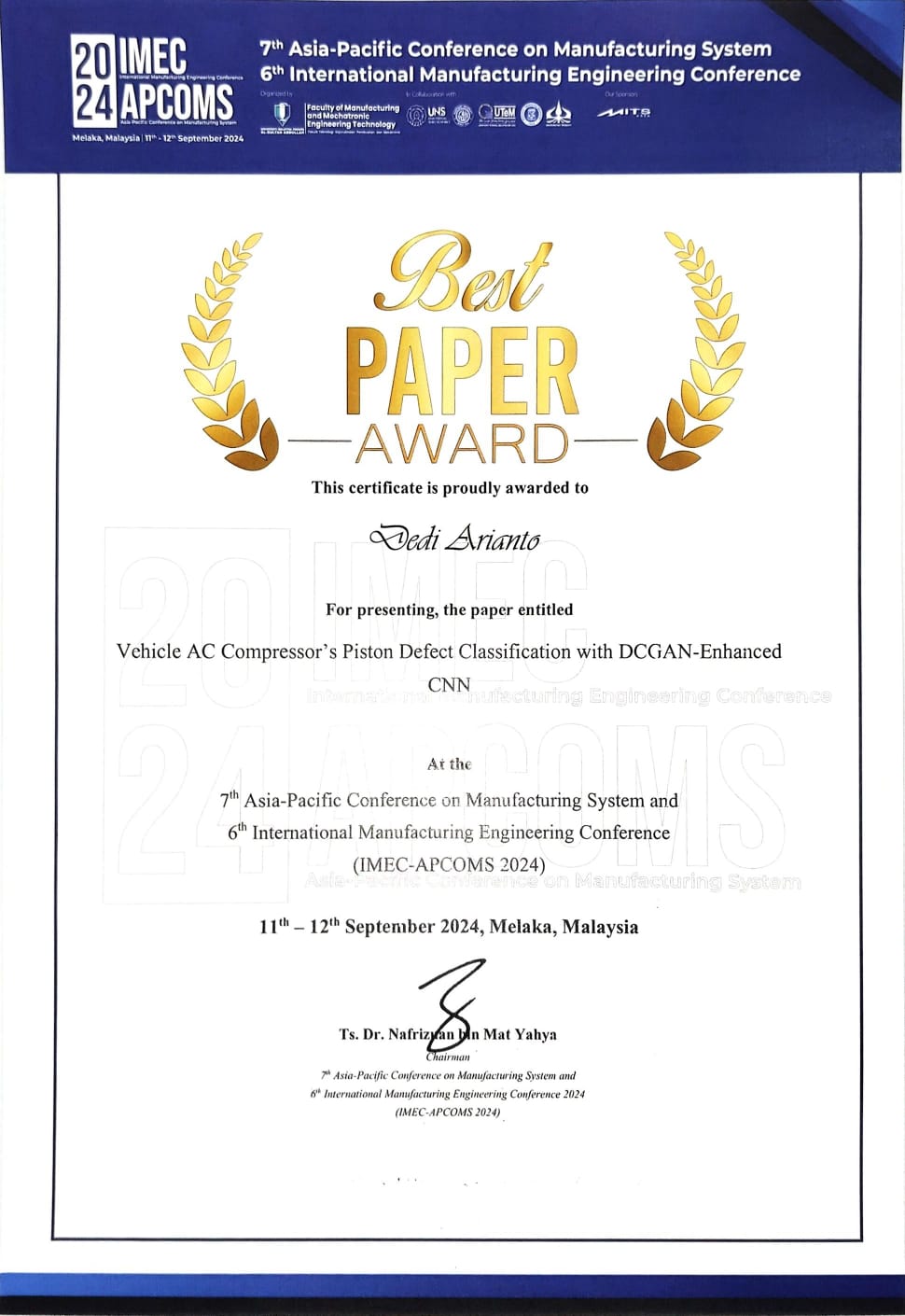UNS Mathematics Student Wins Best Paper Award at iMEC & APCOMS 2024 in ...